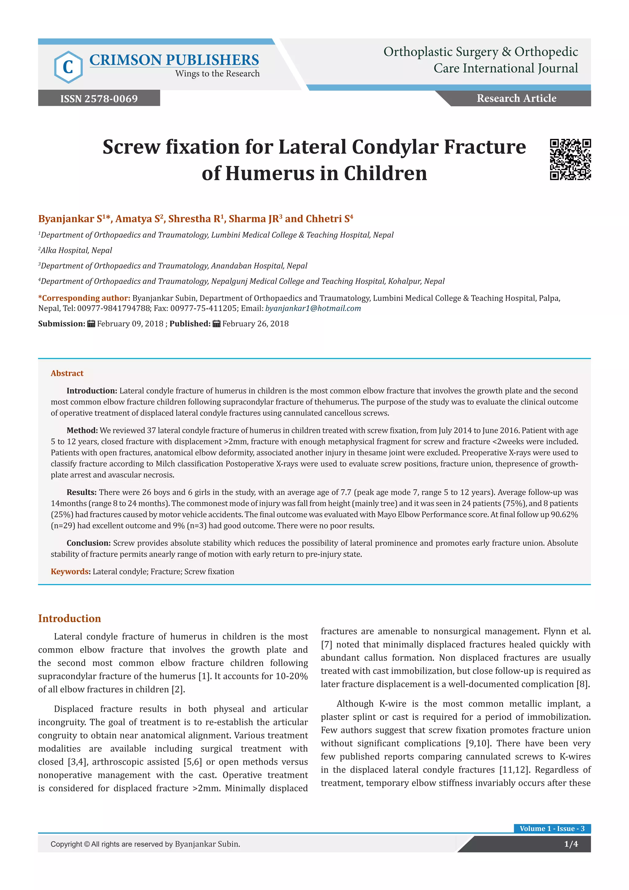 Screw fixation for Lateral Condylar Fracture of Humerus in Children | PDF