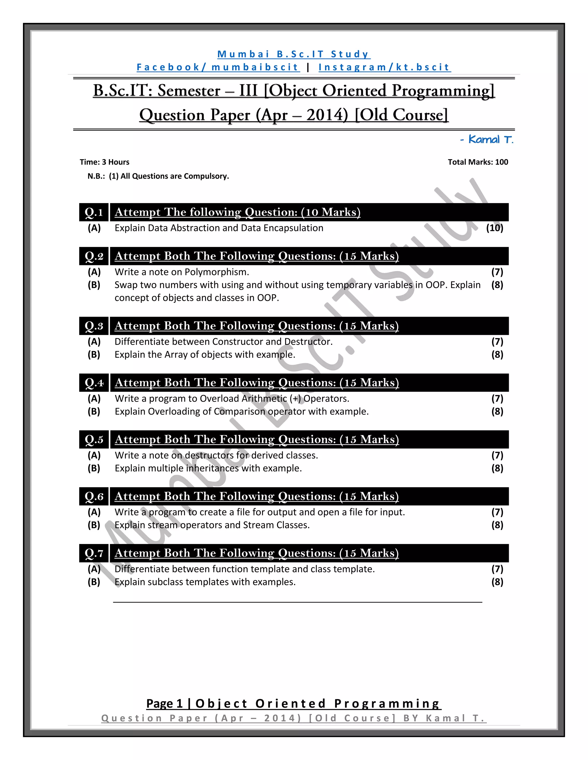 [question Paper] Object Oriented Programming Old Course [april 2014