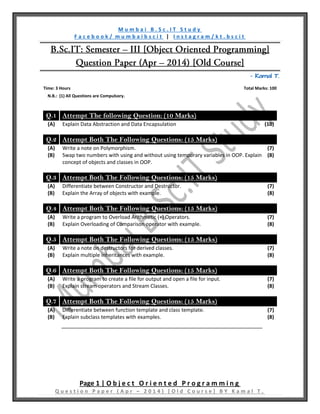 [Question Paper] Object Oriented Programming (Old Course) [April / 2014 ...