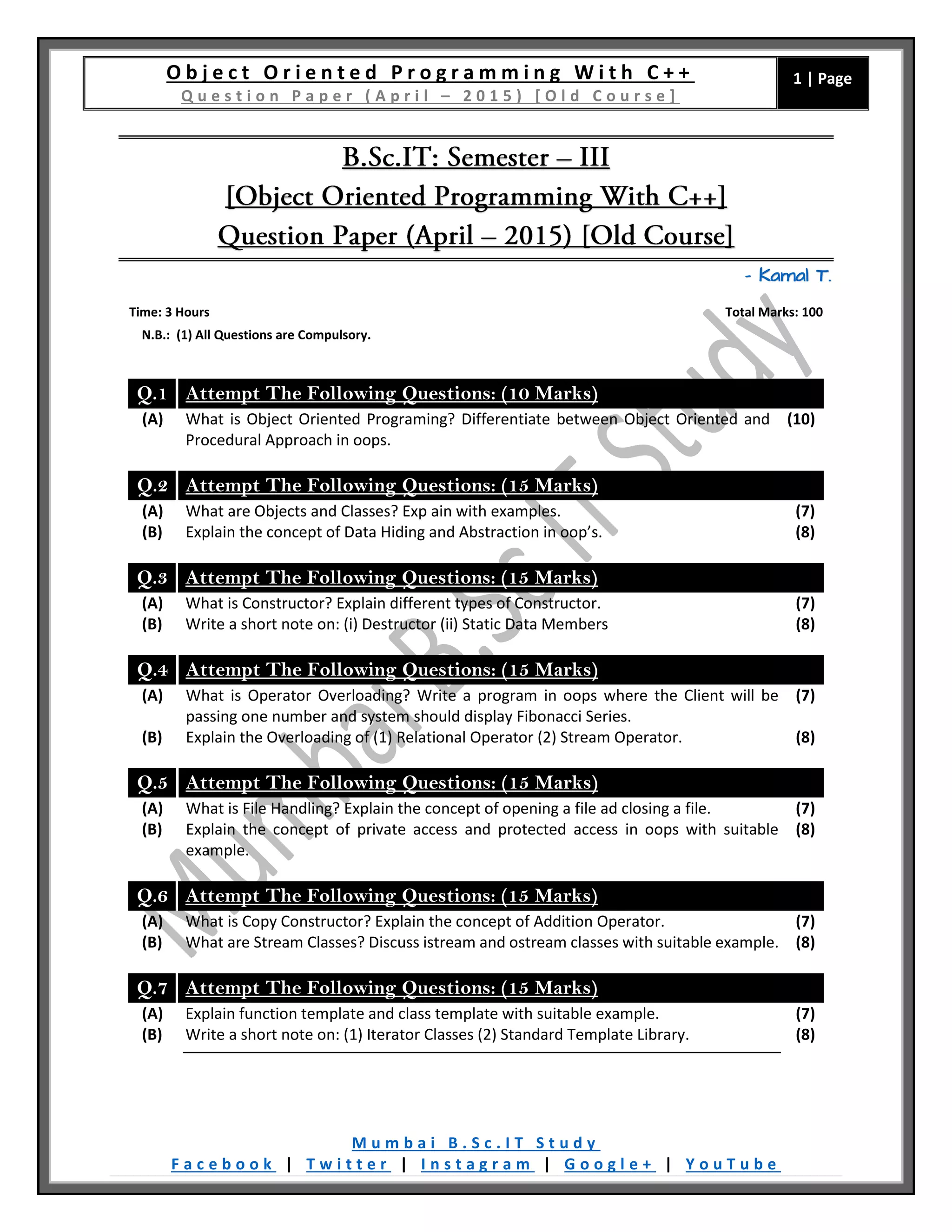 [question Paper] Object Oriented Programming With C Old Course [april 2015] Pdf