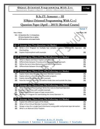 [Question Paper] Object Oriented Programming With C++ (Revised Course ...