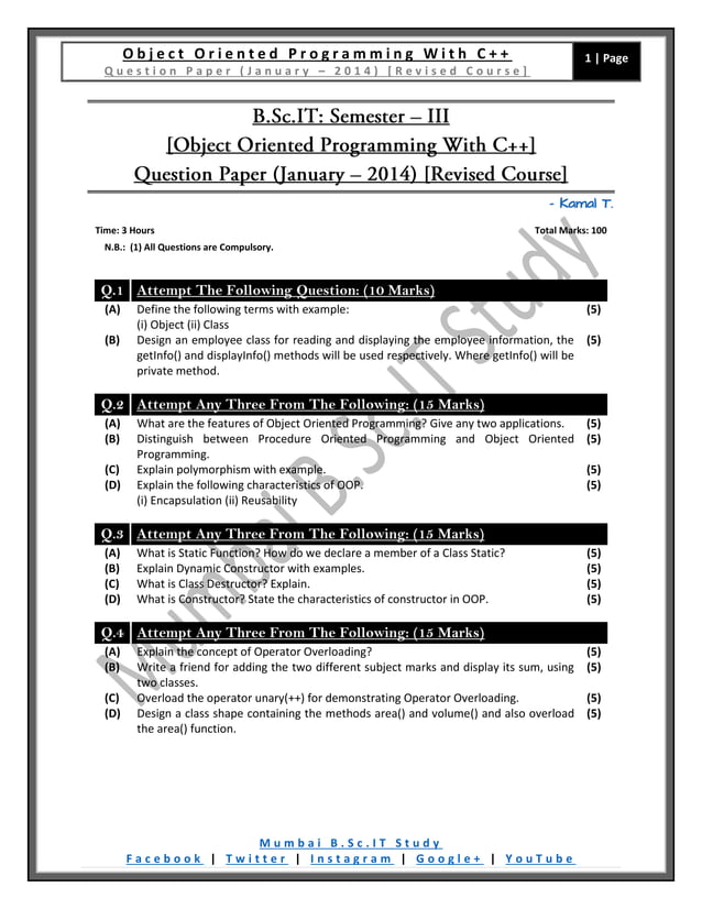 Question Paper Object Oriented Programming With C Revised Course January 2014 Pdf