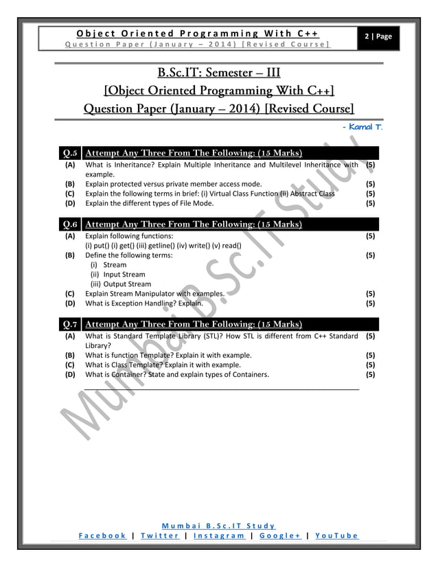 [Question Paper] Object Oriented Programming With C++ (Revised Course ...