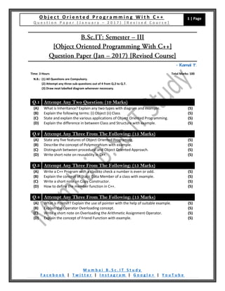 [Question Paper] Object Oriented Programming With C++ (Revised Course ...