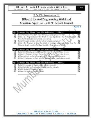 [Question Paper] Object Oriented Programming With C++ (Revised Course) [January / 2017] | PDF ...