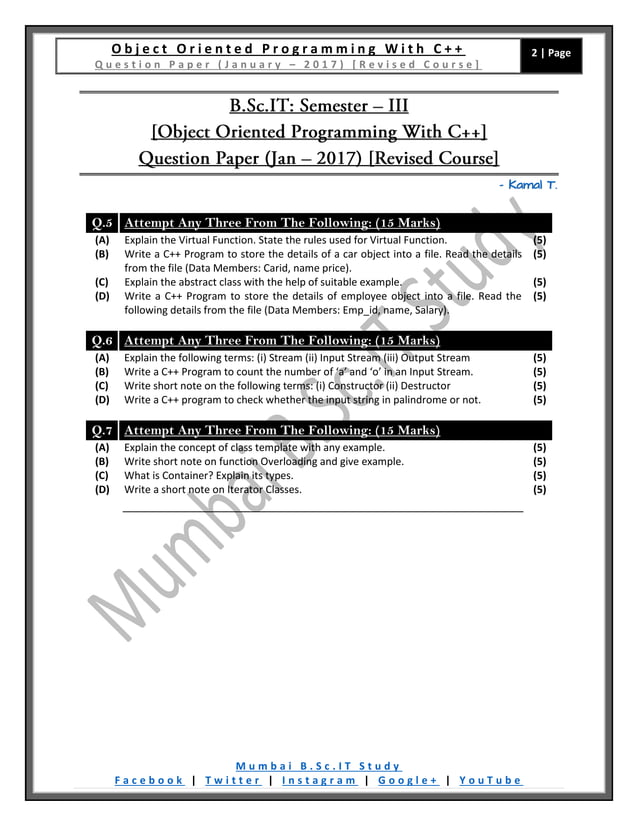 [Question Paper] Object Oriented Programming With C++ (Revised Course) [January / 2017] | PDF