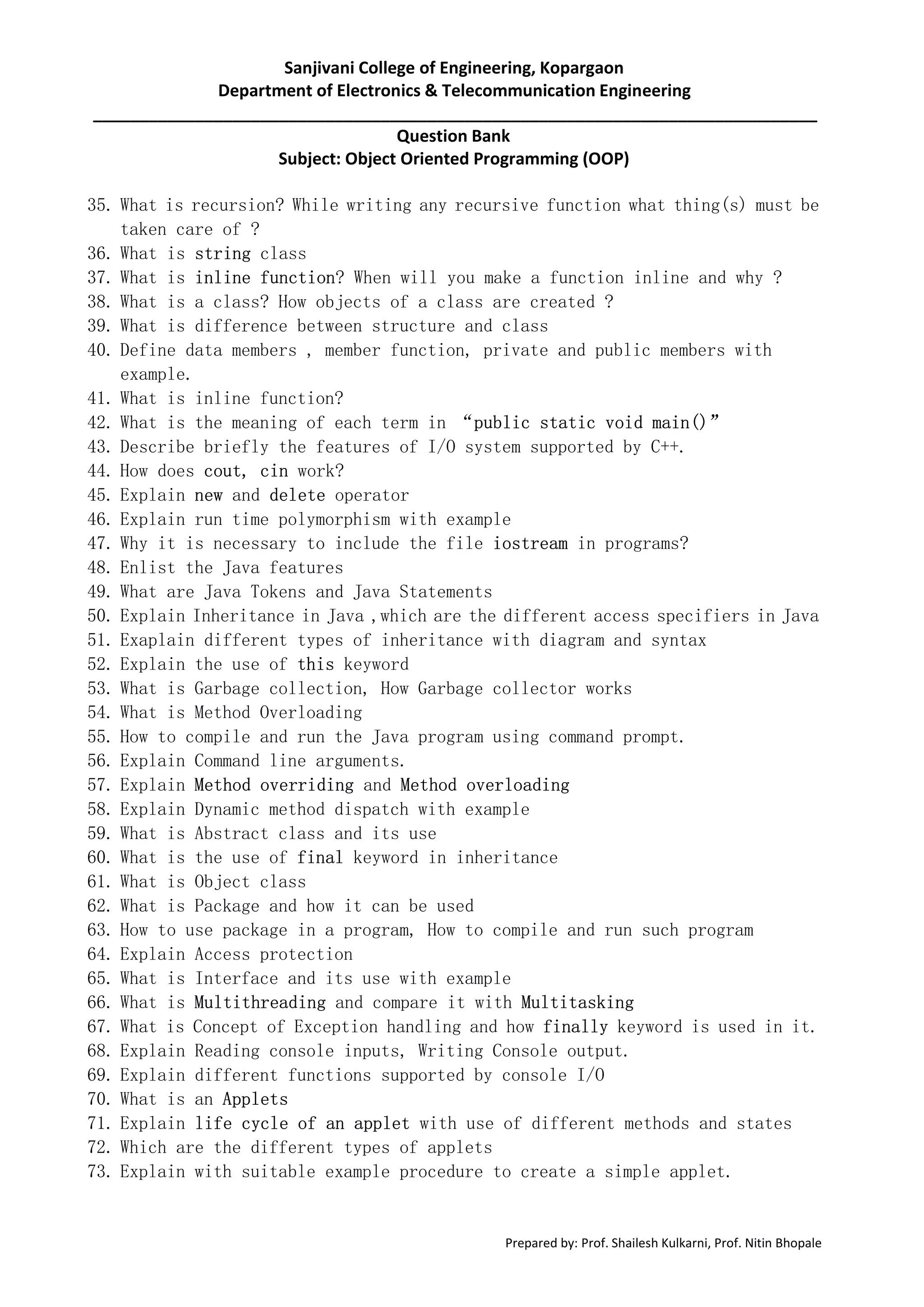 Oop question-bank | PDF