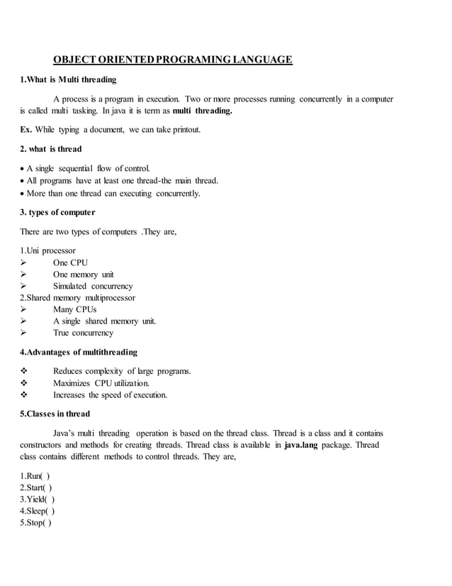 Object Oriented Programming Language Short Notes Pdf
