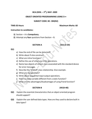 2009 Punjab Technical University B.C.A Object Oriented Proagramming Language Question paper | PDF