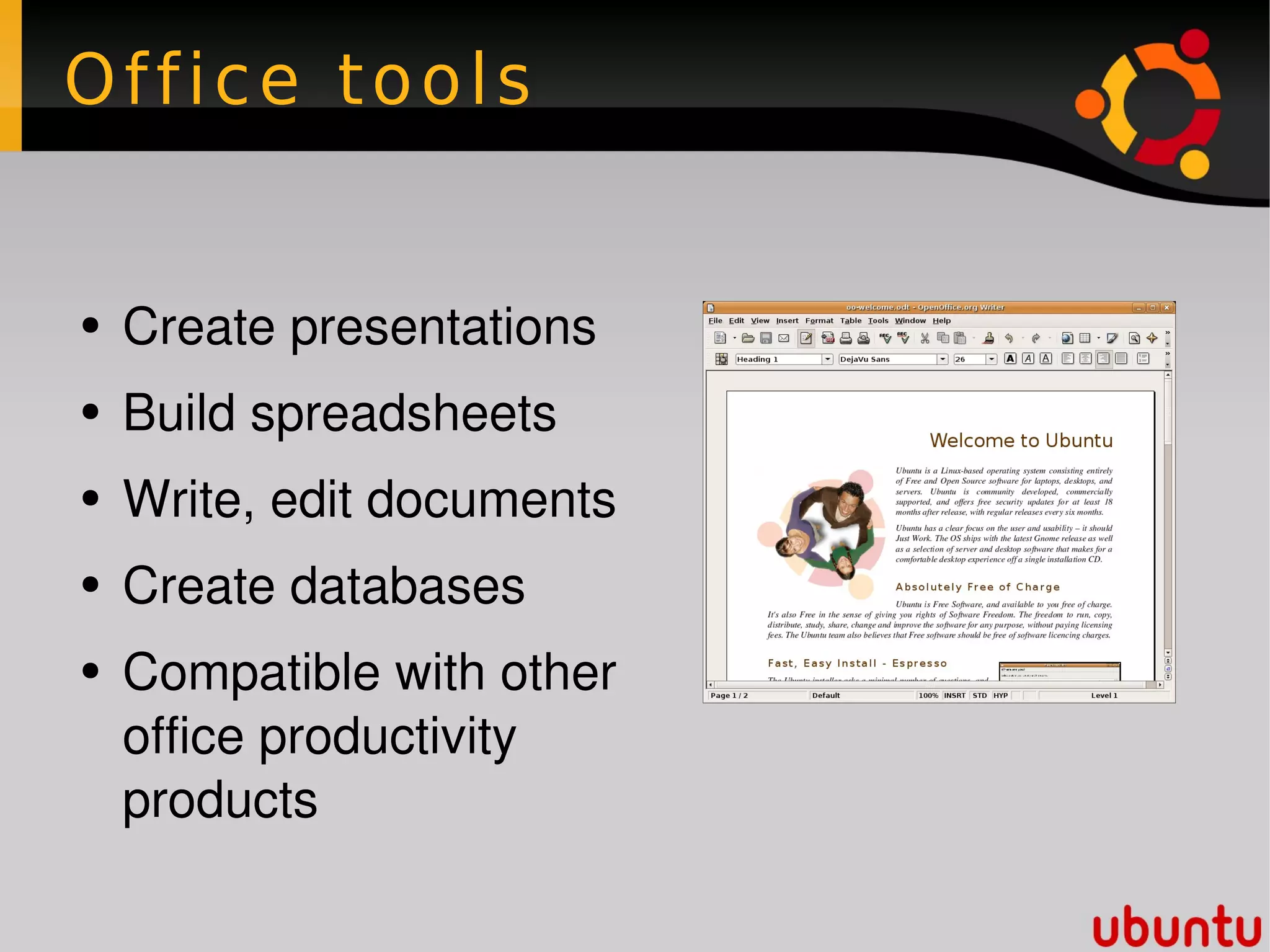 Oo Presenting Ubuntu | ODP | Operating Systems | Computer Software and Applications