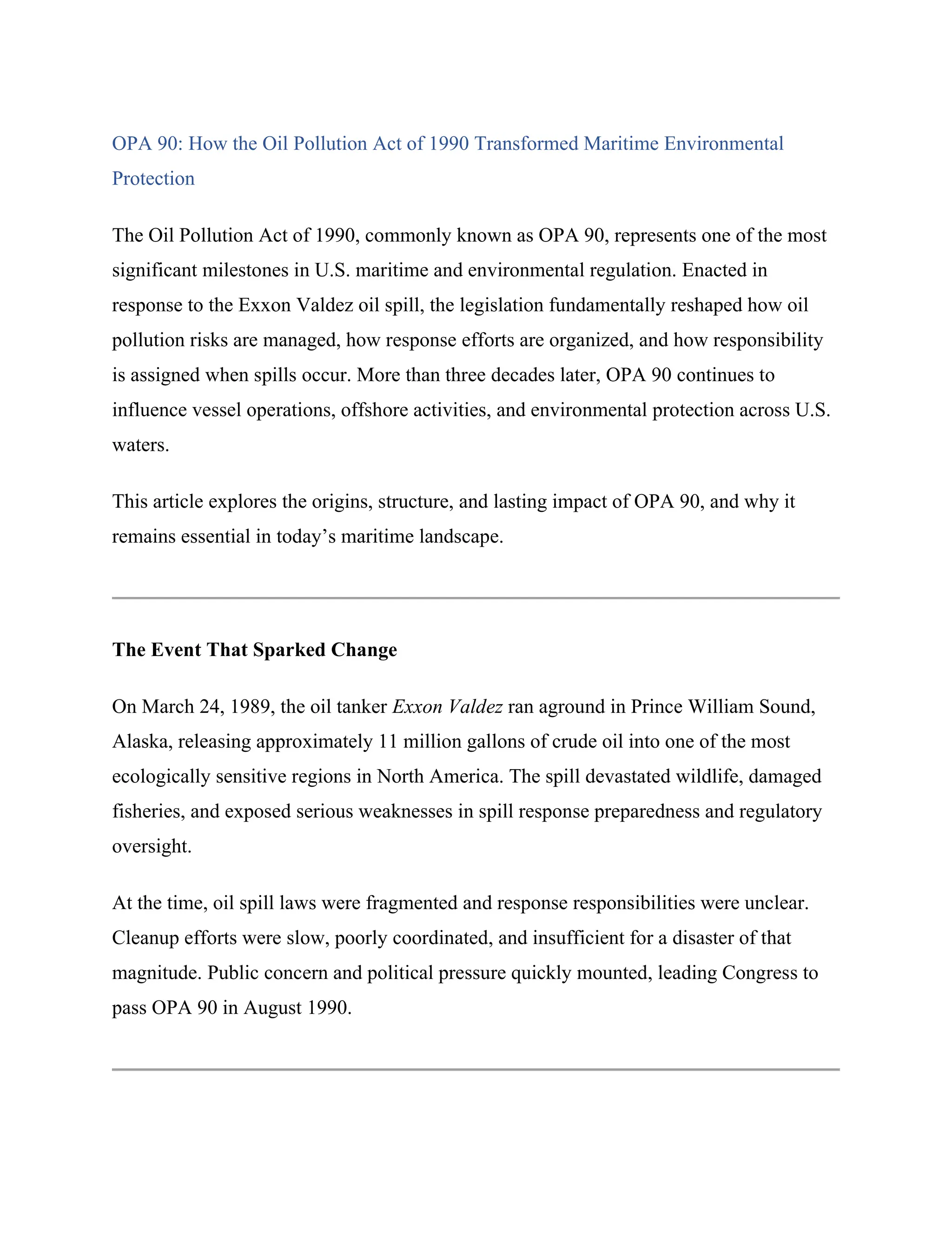 OPA 90 How the Oil Pollution Act of 1990 Transformed Maritime ...