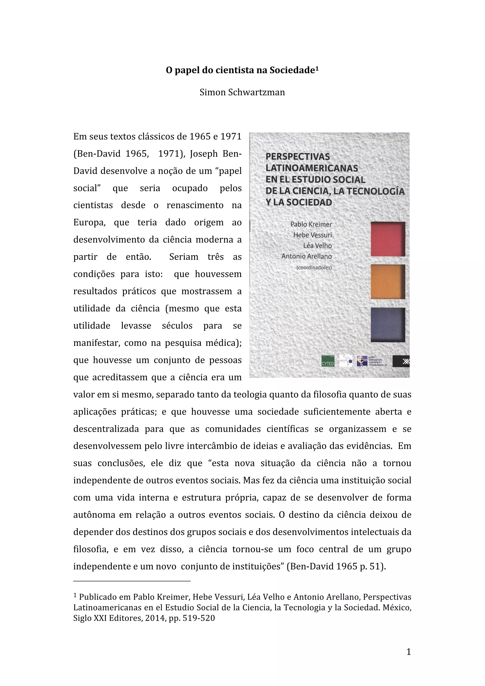 O papel do cientista na sociedade artigo de schwartzman | PDF
