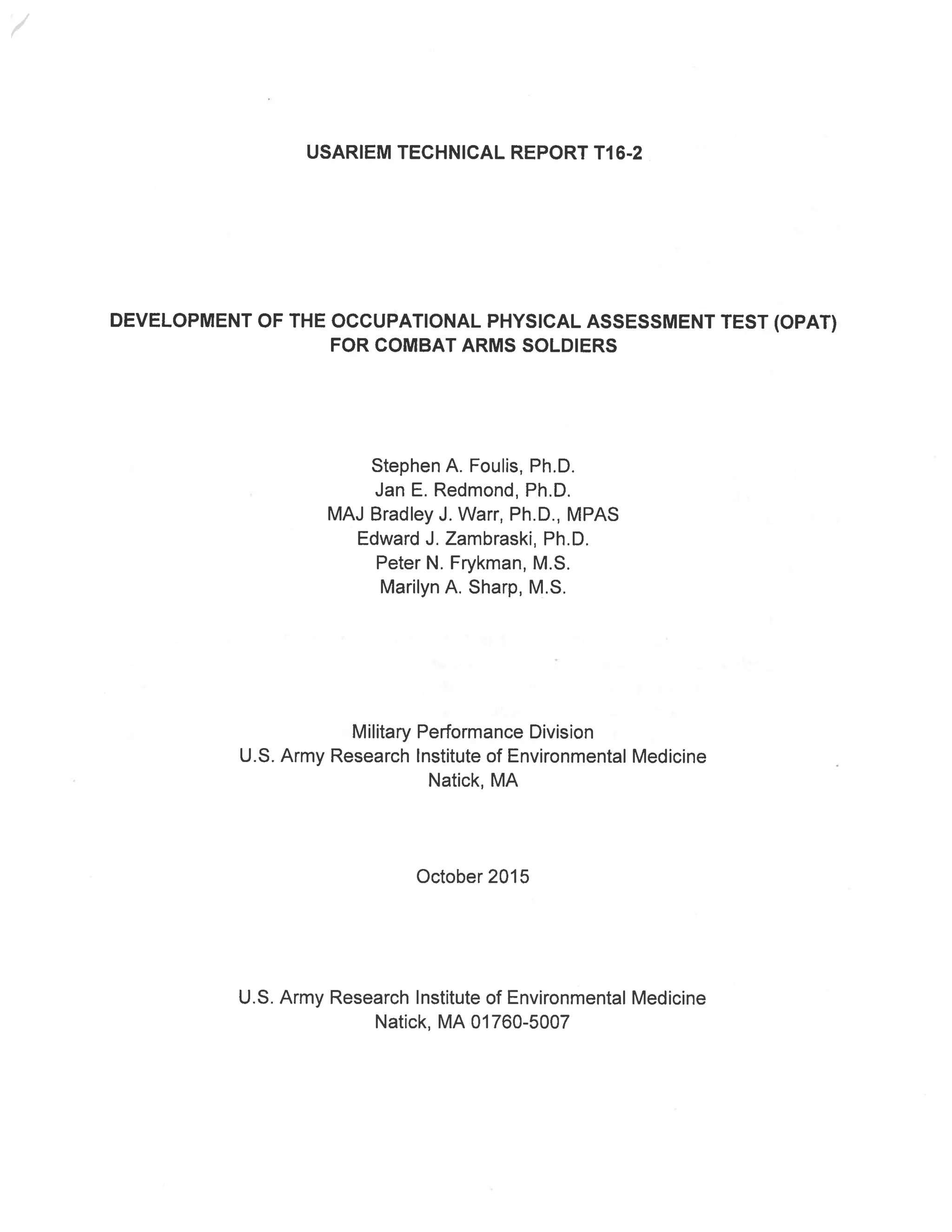 Development of an Occupational Physical Assessment Test for Combat Arms ...