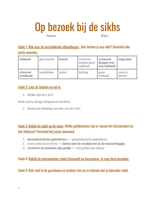Werkblad: op bezoek bij de sikhs | PDF