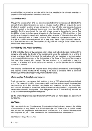 One Person Company (OPC) under new Companies Act, 2013 | PDF