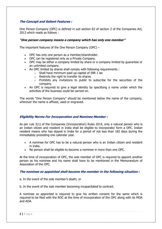 One Person Company (OPC) under new Companies Act, 2013 | PDF