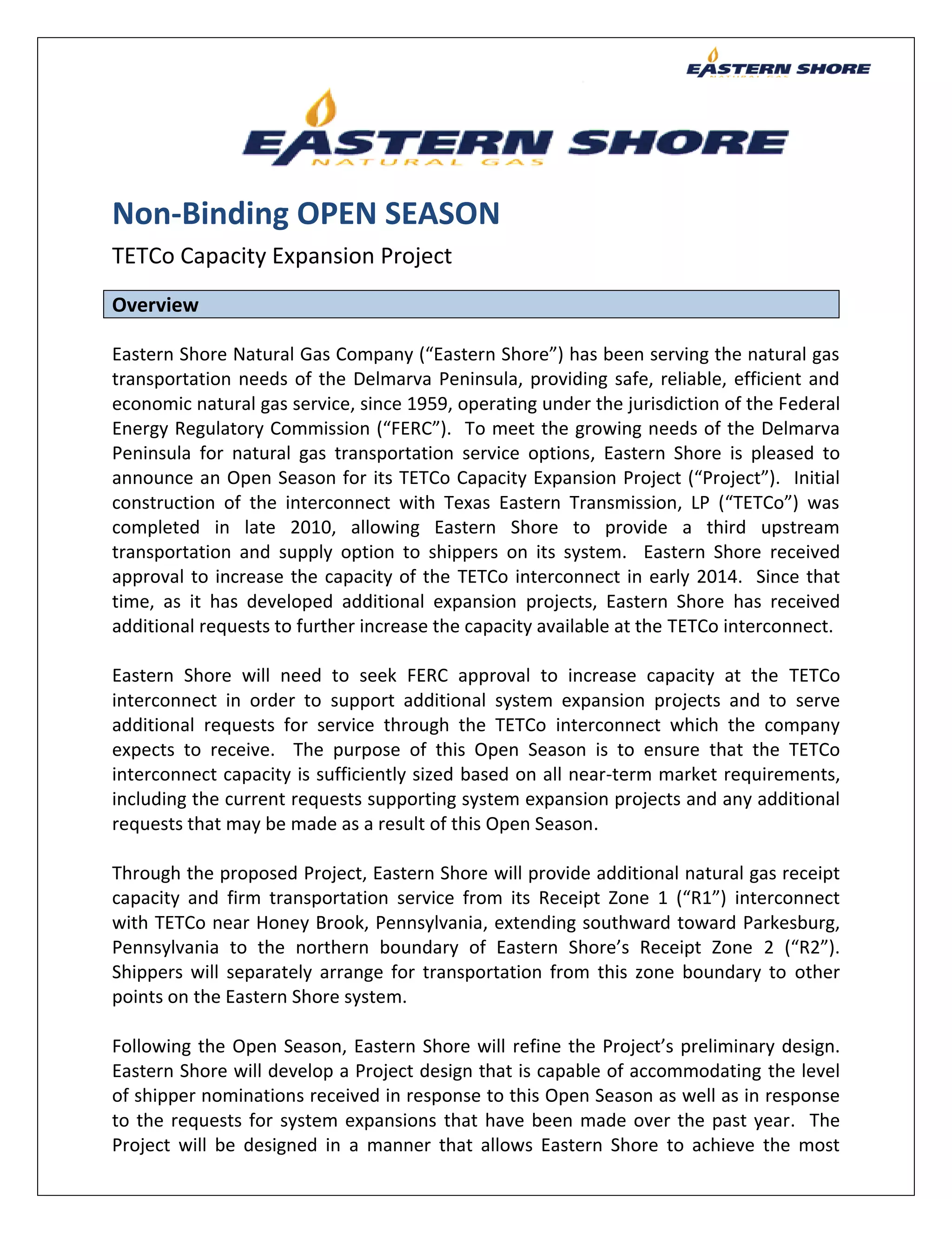 Eastern Shore Natural Gas Non-Binding Open Season for TETCo Capacity ...
