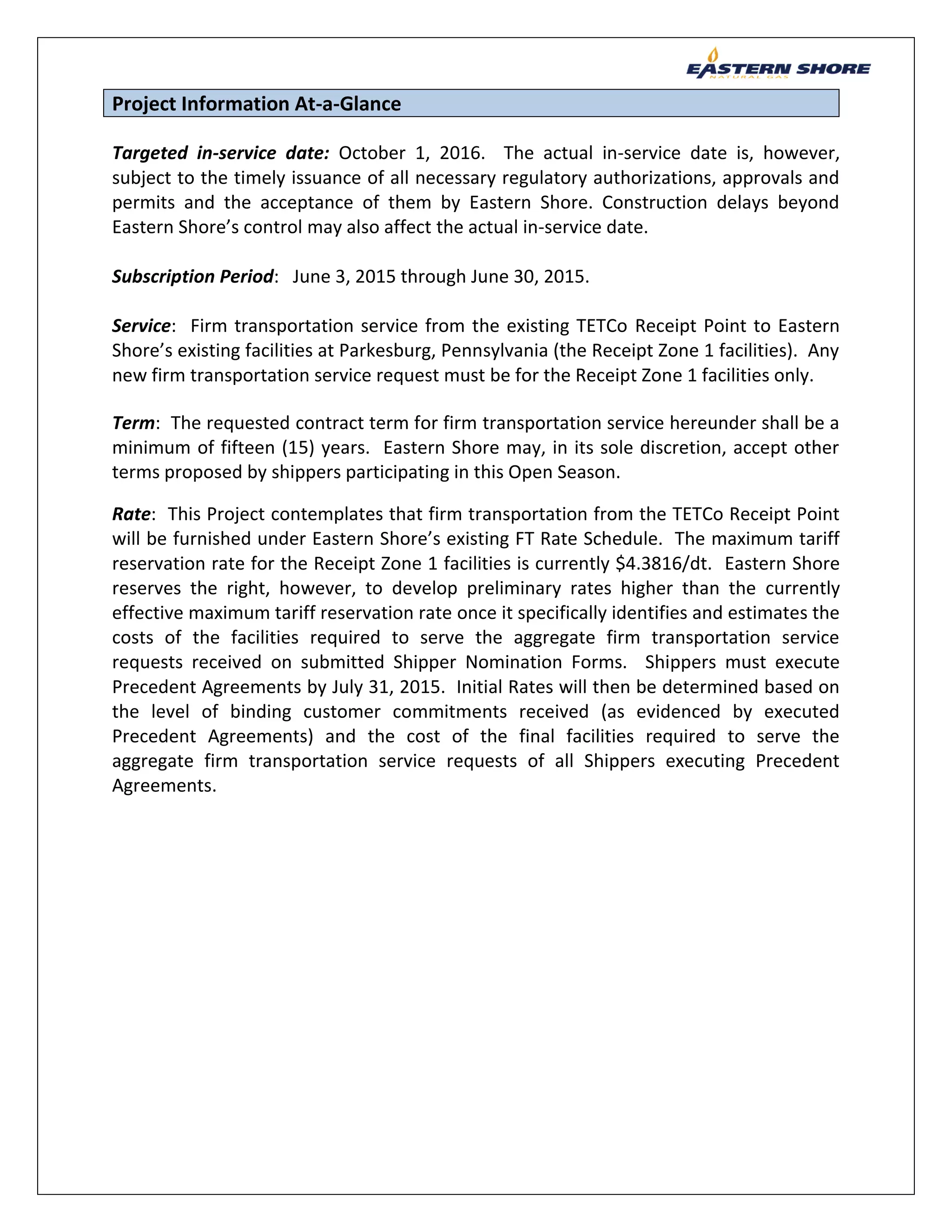 Eastern Shore Natural Gas Non-Binding Open Season for TETCo Capacity ...