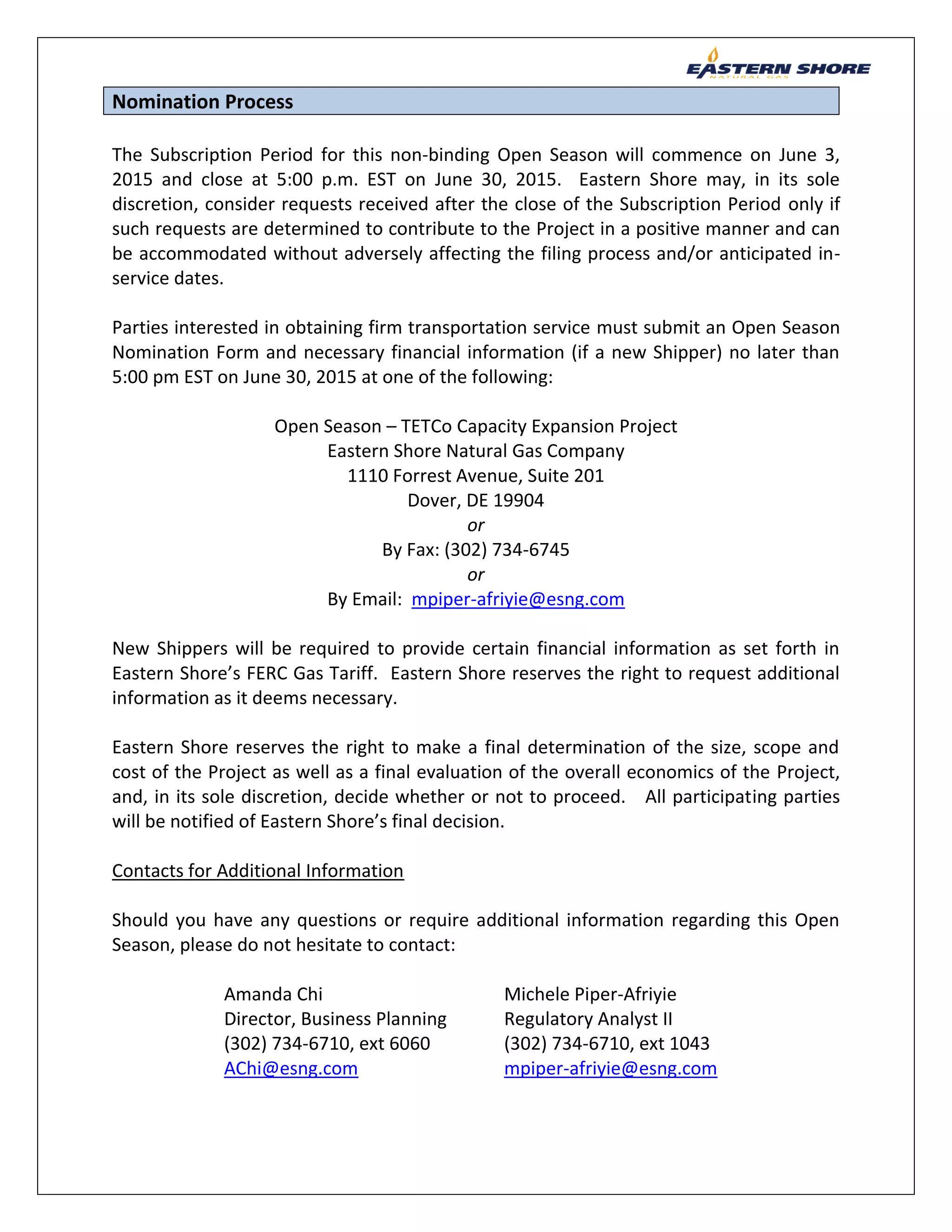 Eastern Shore Natural Gas Non-Binding Open Season for TETCo Capacity ...