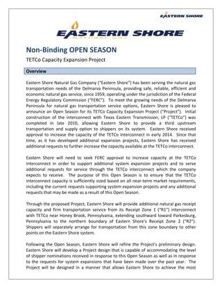 Eastern Shore Natural Gas Non-Binding Open Season for TETCo Capacity Expansion Project | PDF