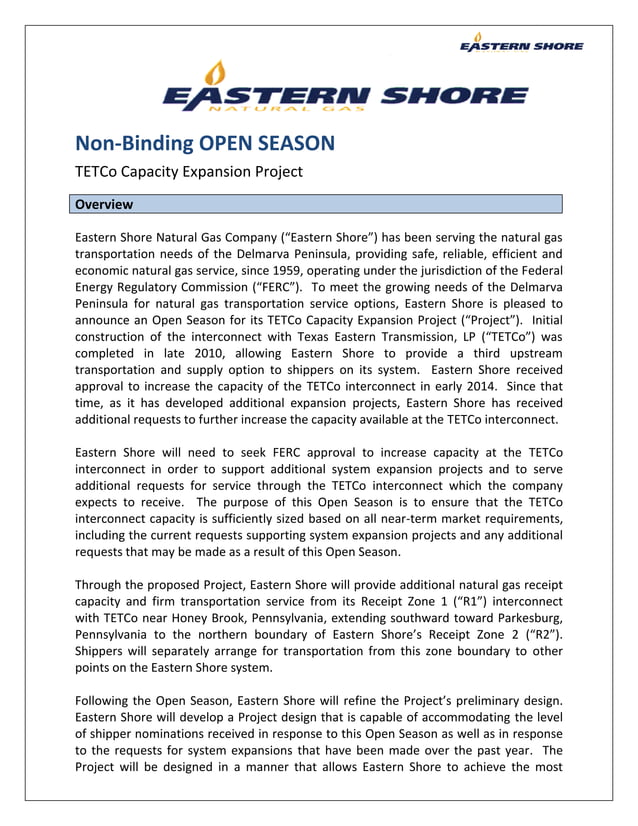 Eastern Shore Natural Gas Non-Binding Open Season for TETCo Capacity Expansion Project | PDF