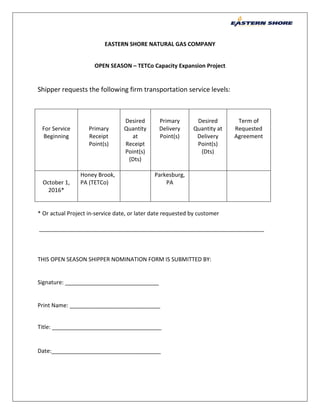 Eastern Shore Natural Gas Non-Binding Open Season for TETCo Capacity ...