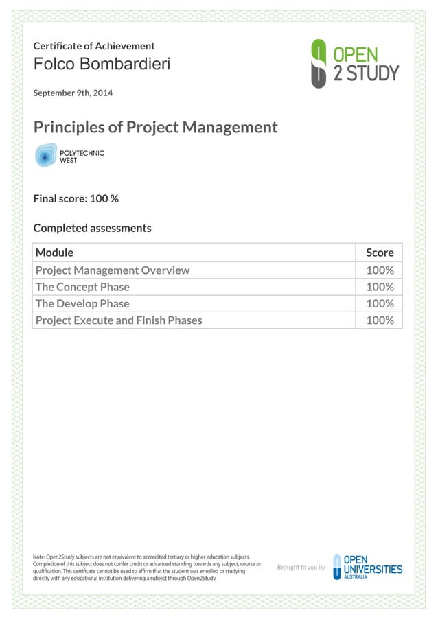 Certificate of Achievement: Principle of Project Management | PDF