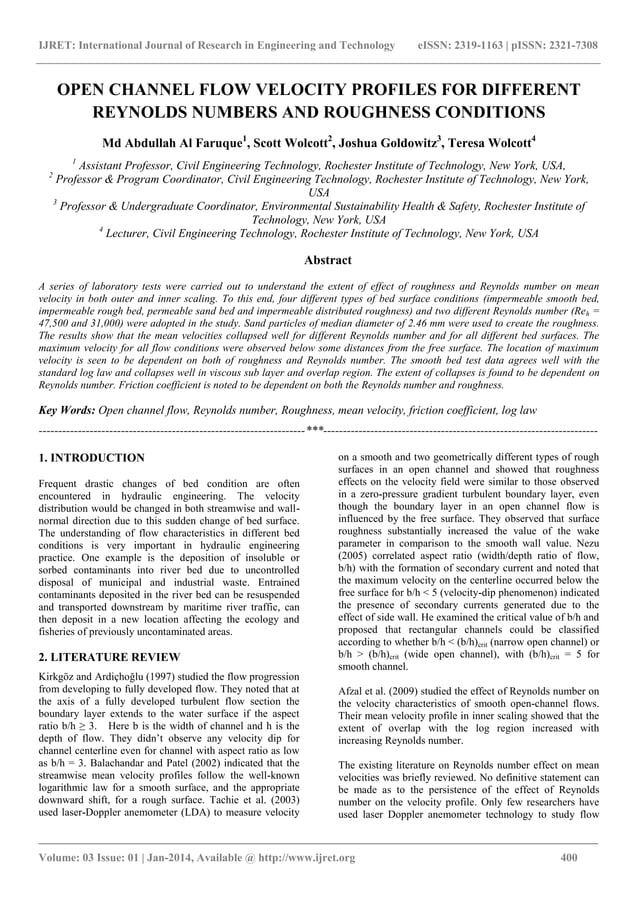 Open channel flow velocity profiles for different reynolds numbers and roughness conditions | PDF
