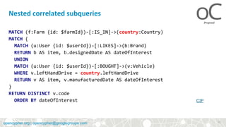 Future features for openCypher: Schema, Constraints, Subqueries, Configurable Pattern Matching ...