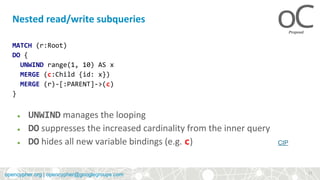 Future features for openCypher: Schema, Constraints, Subqueries, Configurable Pattern Matching ...