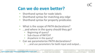 Future features for openCypher: Schema, Constraints, Subqueries, Configurable Pattern Matching ...