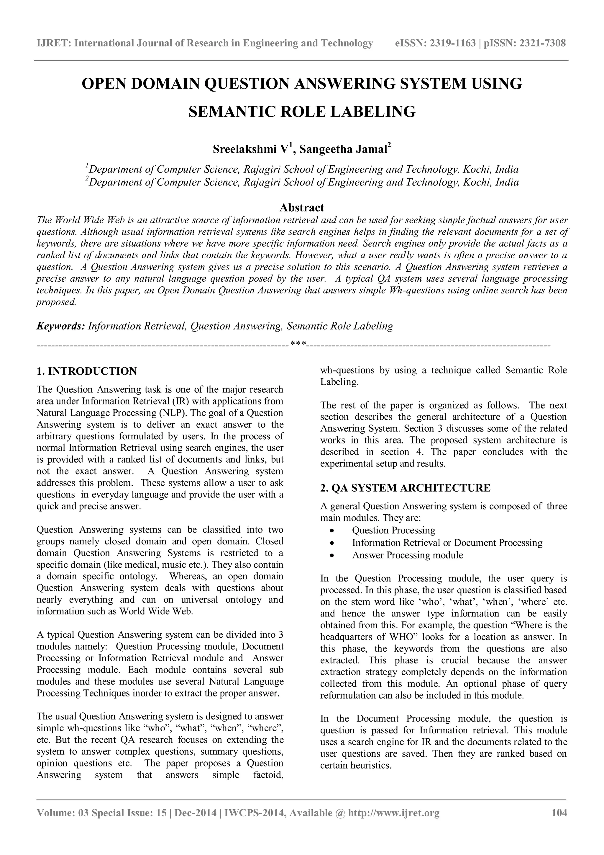 Open domain question answering system using semantic role labeling | PDF