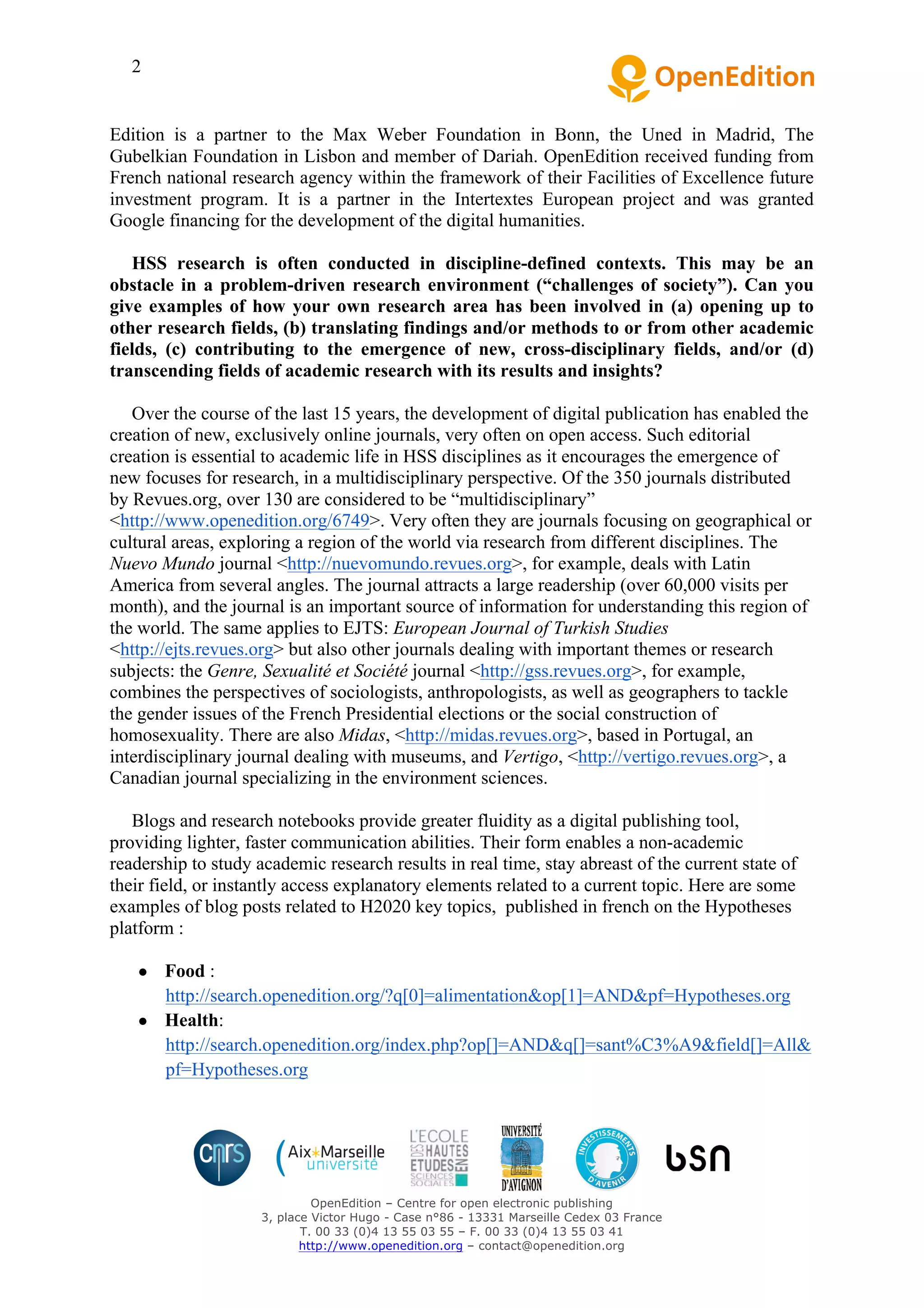 Horizons for social sciences and humanities : OpenEdition contribution ...