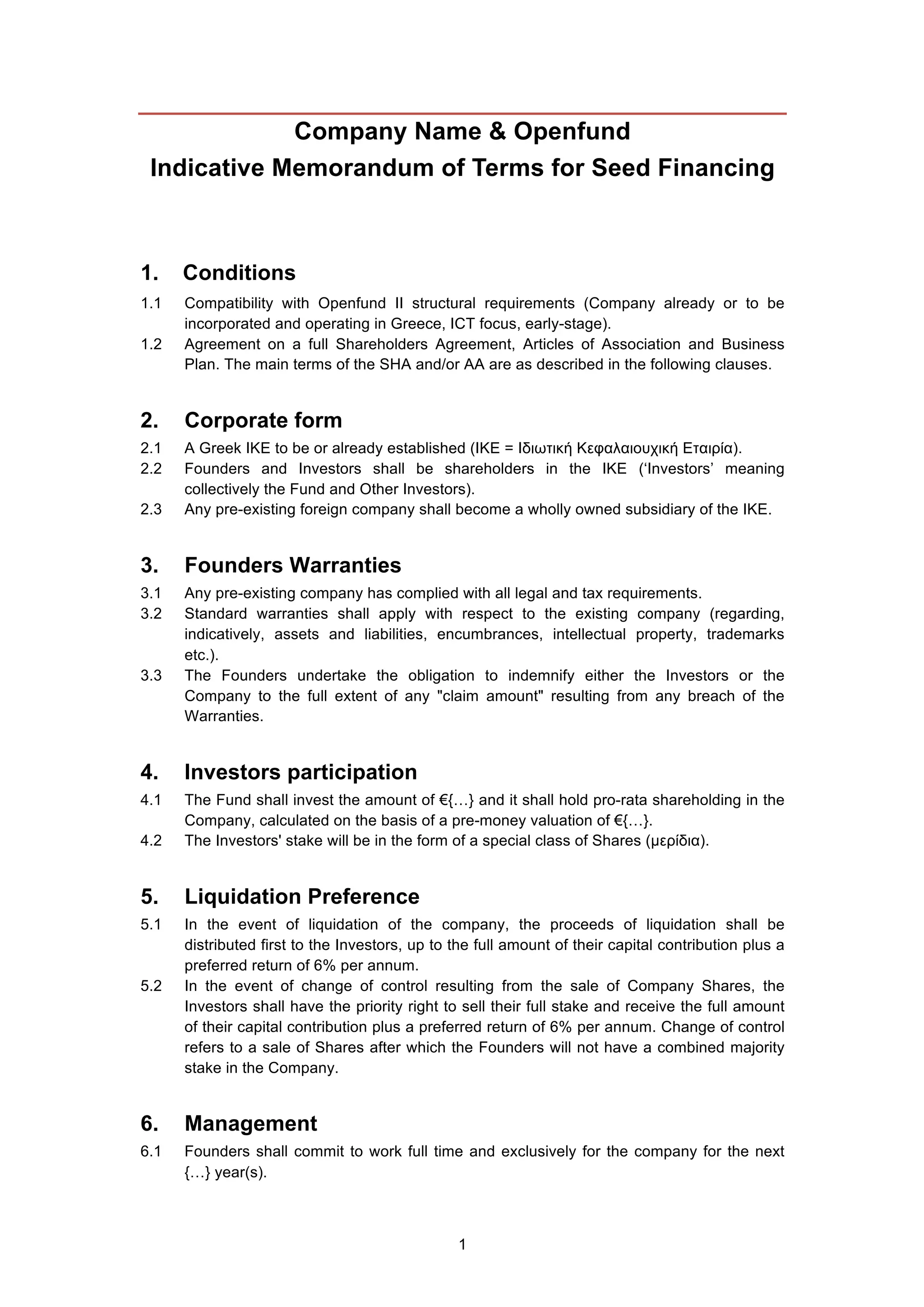 Openfund Term Sheet Template | PDF