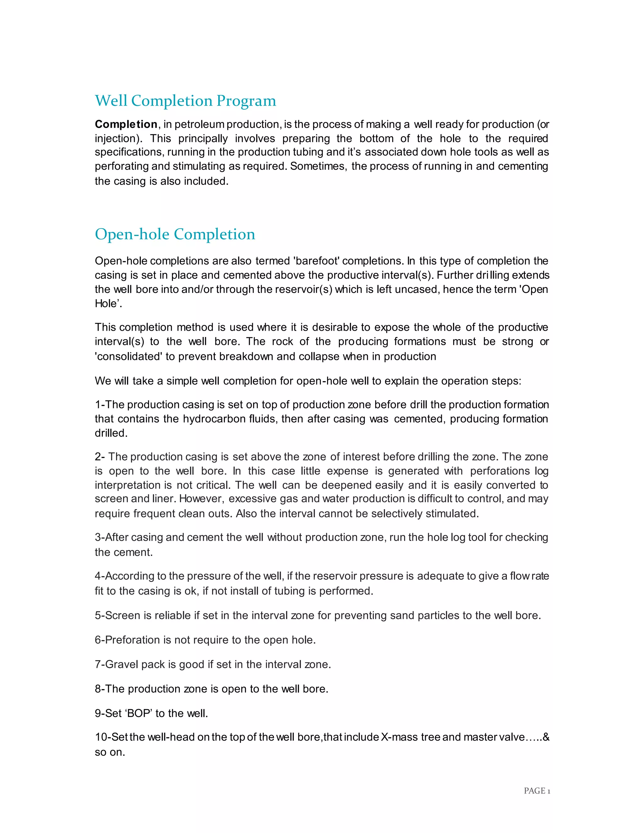 Open Hole Completion Design | DOCX