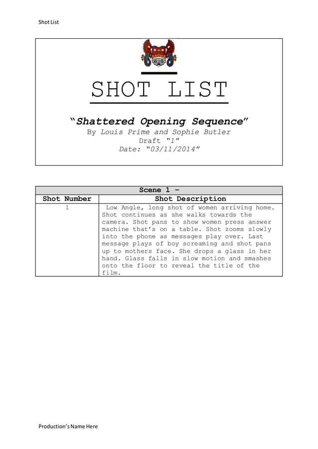 Opening sequence-shot-list | DOCX | Cameras and Camcorders | Consumer Electronics