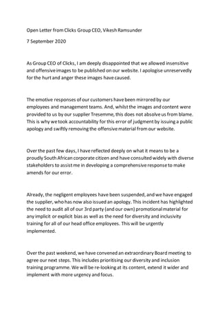 Open letter from clicks group ceo, vikesh ramsunder | DOCX