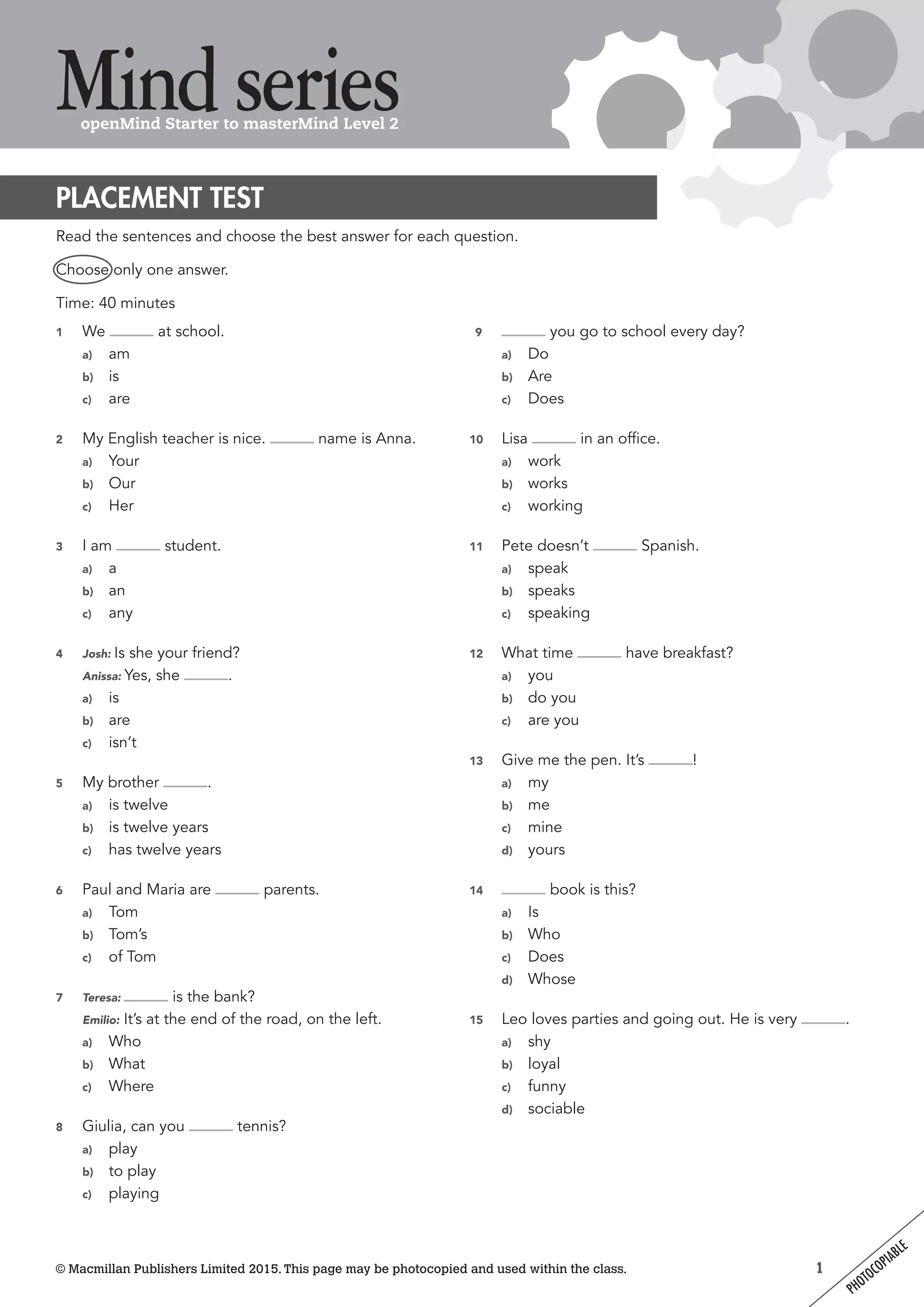 Open mind 1 placement test | PDF