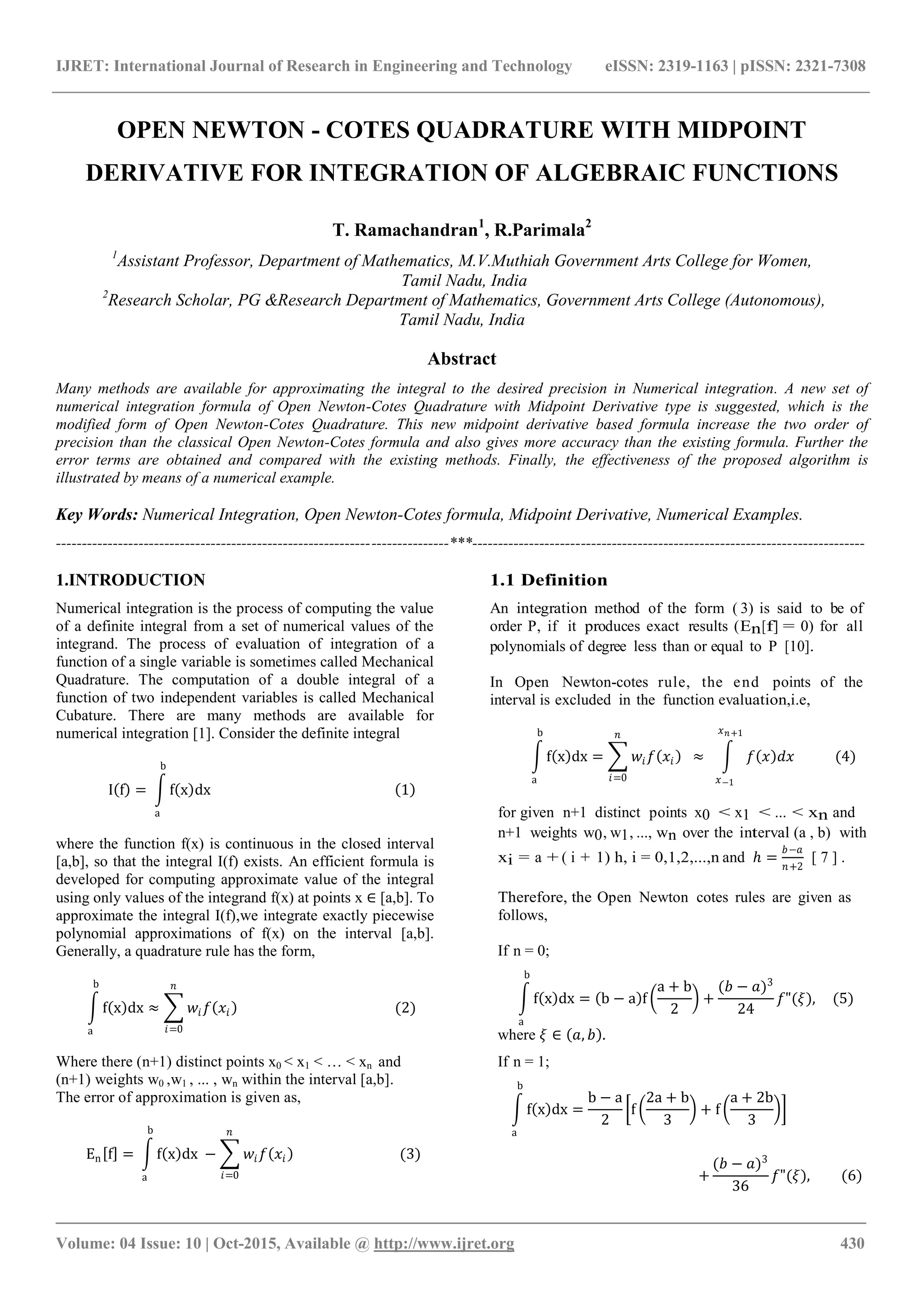 Open newton cotes quadrature with midpoint derivative for integration ...