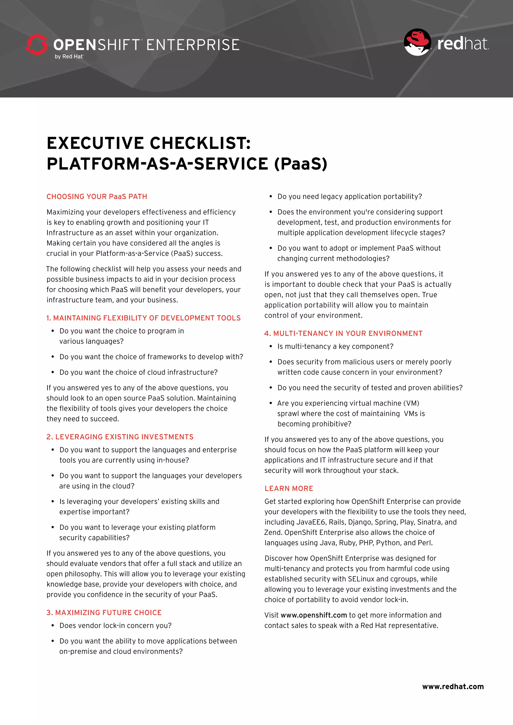Enterprise PaaS Executive Checklist | PDF