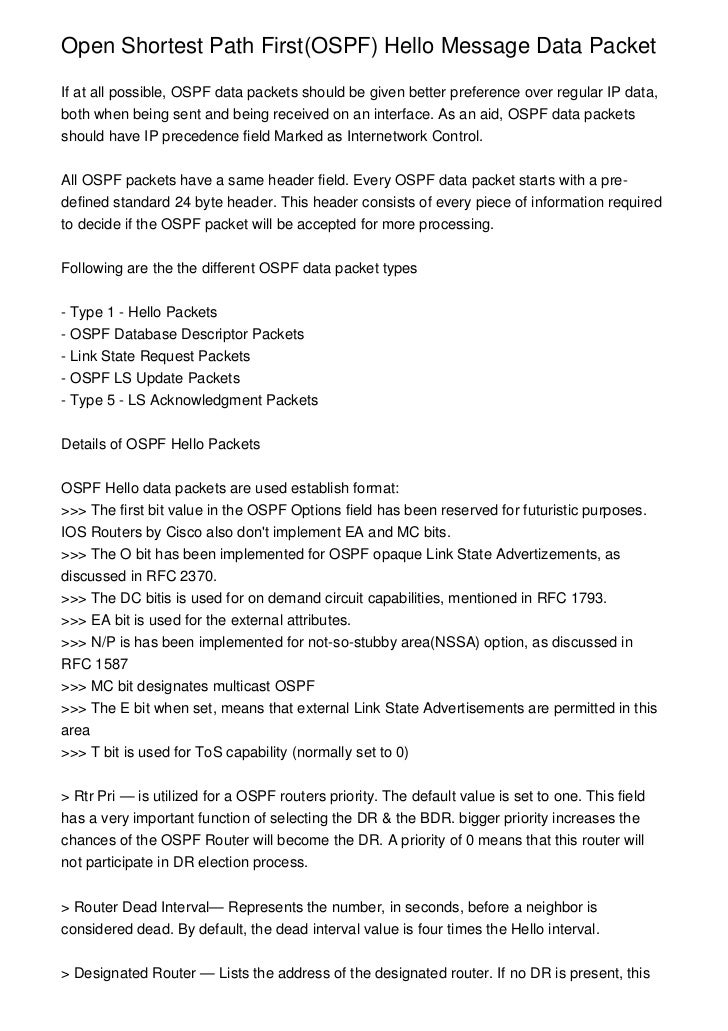 Open Shortest Path Firstospf Hello Message Data Packet 