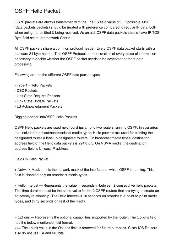OSPF Hello Packet OSPF Hello Packet