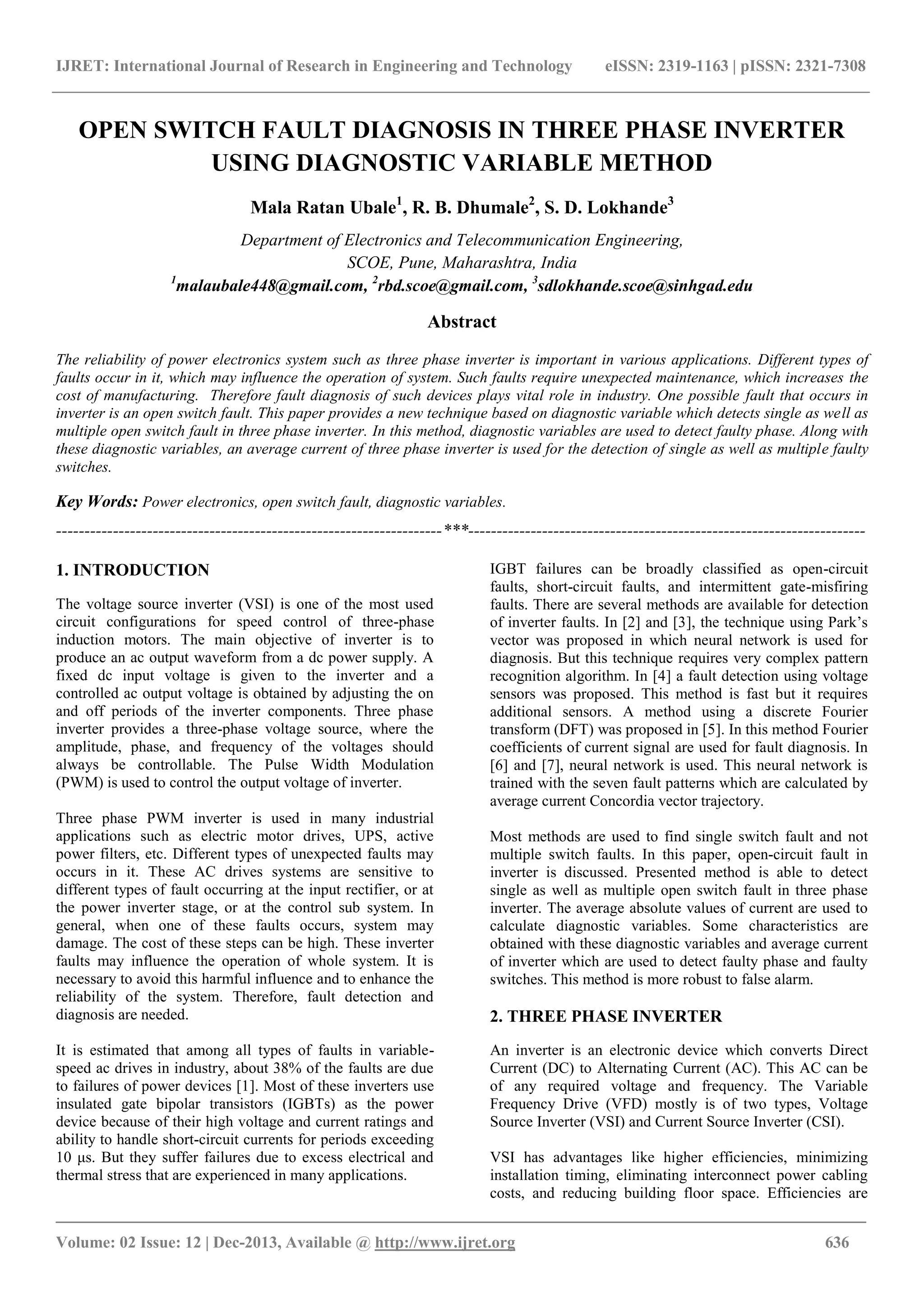 Open Switch Fault Diagnosis In Three Phase Inverter Using Diagnostic Variable Method Pdf 7856