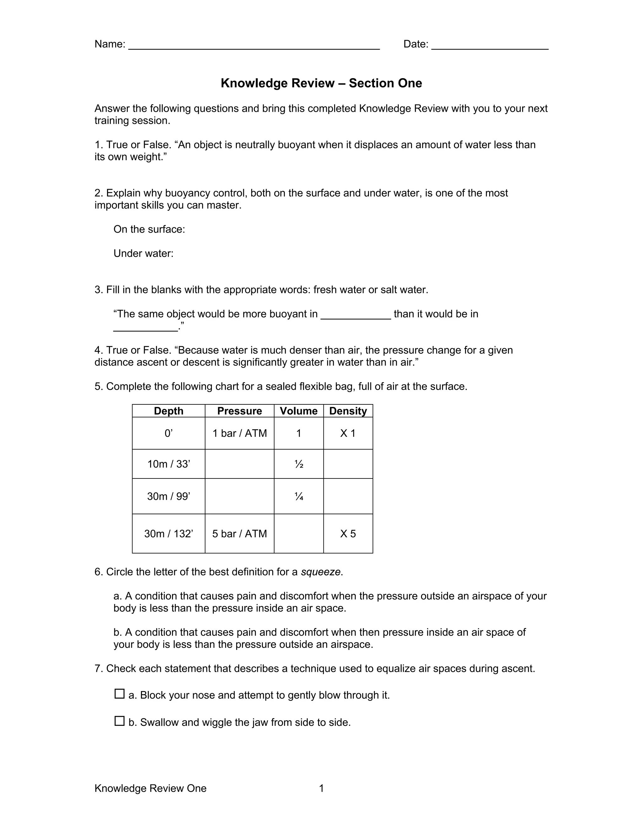 Open Water Knowledge Review Questions | PDF