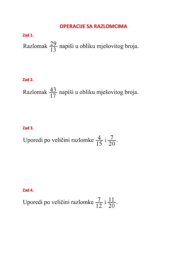 Operacije sa razlomcima radni list | PDF