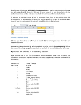 Operadores más utilizados en las fórmulas y funciones | DOCX