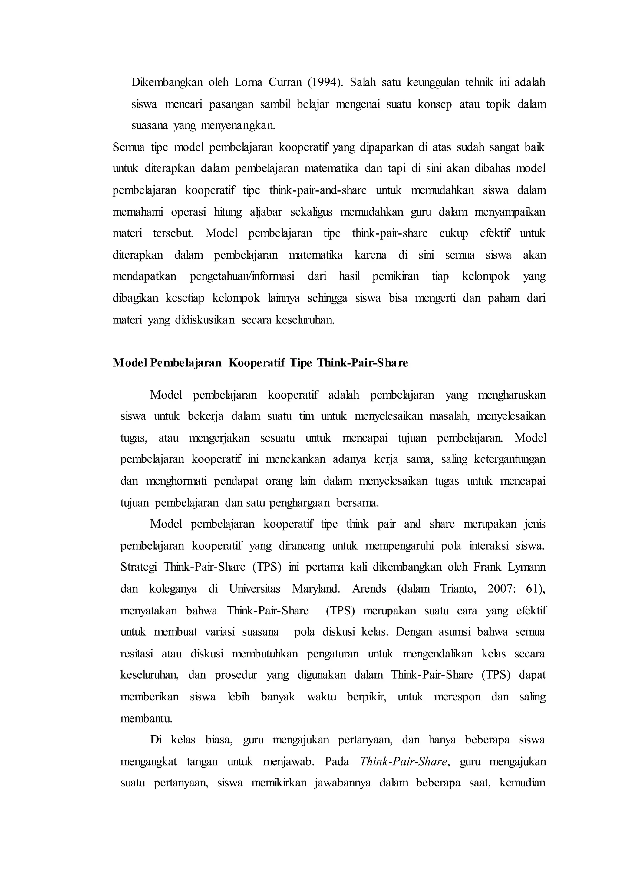MODEL PEMBELAJARAN KOOPERATIF TIPE THINK-PAIR-SHARE PADA MATERI OPERASI ...