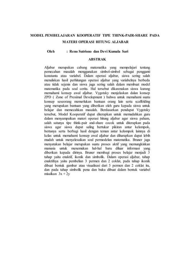 MODEL PEMBELAJARAN KOOPERATIF TIPE THINK-PAIR-SHARE PADA MATERI OPERASI HITUNG ALJABAR | DOCX