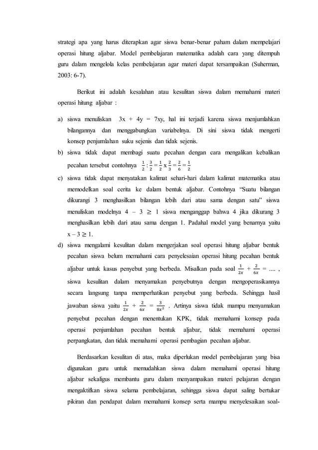 MODEL PEMBELAJARAN KOOPERATIF TIPE THINK-PAIR-SHARE PADA MATERI OPERASI HITUNG ALJABAR | DOCX