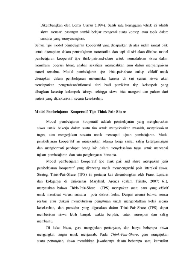 MODEL PEMBELAJARAN KOOPERATIF TIPE THINK-PAIR-SHARE PADA MATERI OPERASI HITUNG ALJABAR | DOCX